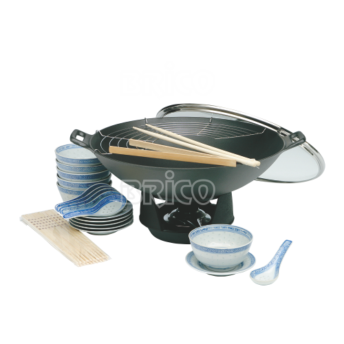 Wok with Glass Lid, Bakelite Knob, Chopstick, Tempura Rack, BRW36G